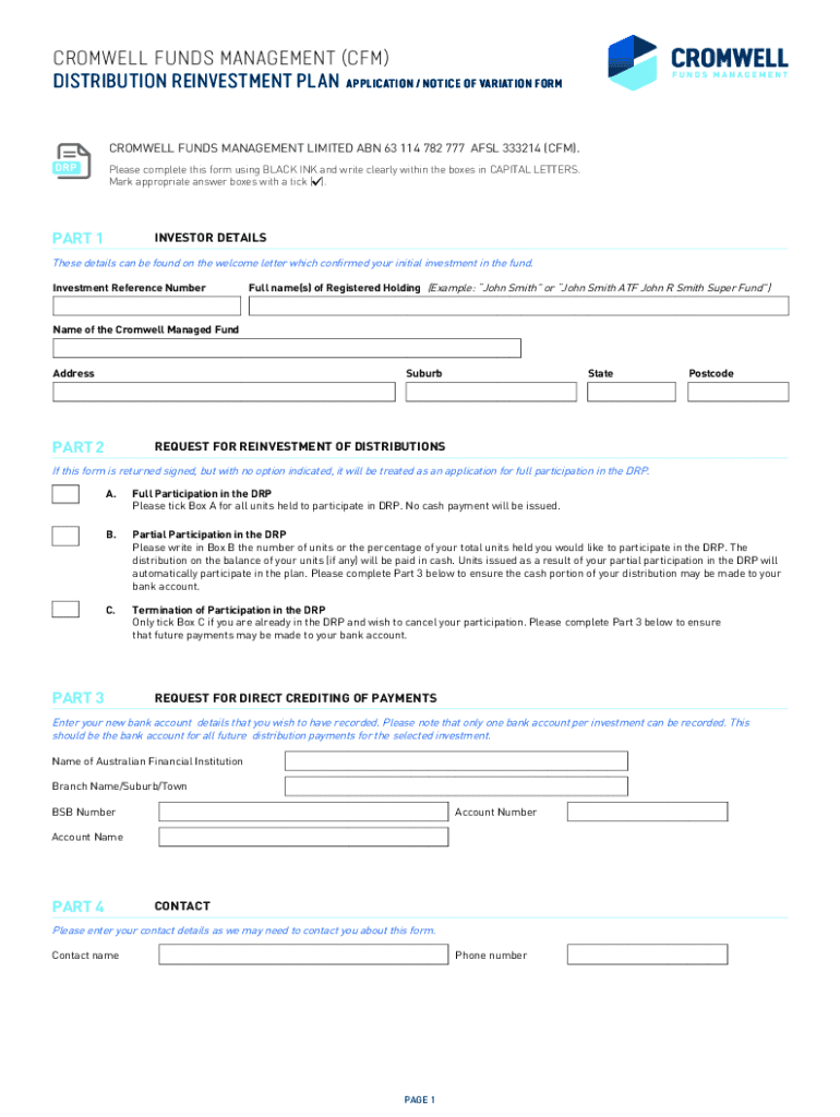 Fillable Online Cromwell Funds Management Drp Application Form 2023 Fax ...