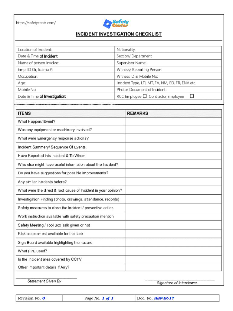 Fillable Online Incident Investigation Checklist 2023: Essential Steps ...