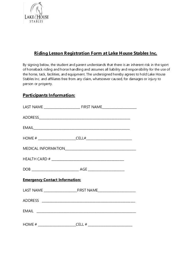 Fillable Online 2023 Riding Lesson Registration at Lake House Stables Inc. Fax Email Print ...