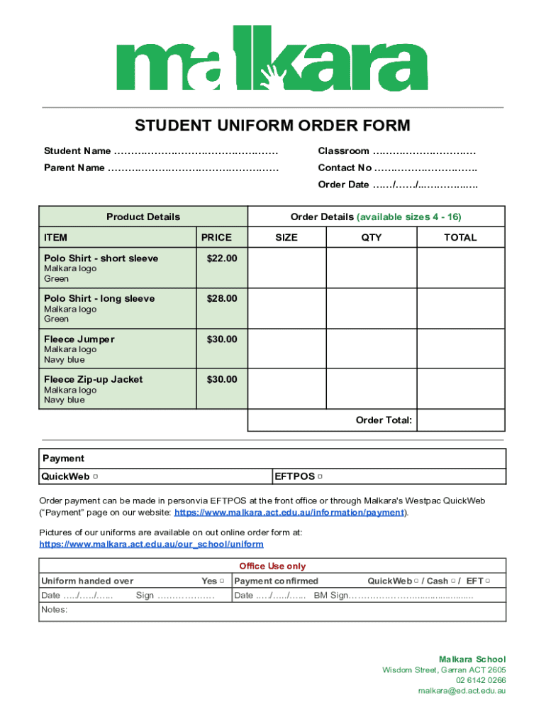 Fillable Online 2023 Student Uniform Order Form - Malkara School Fax ...