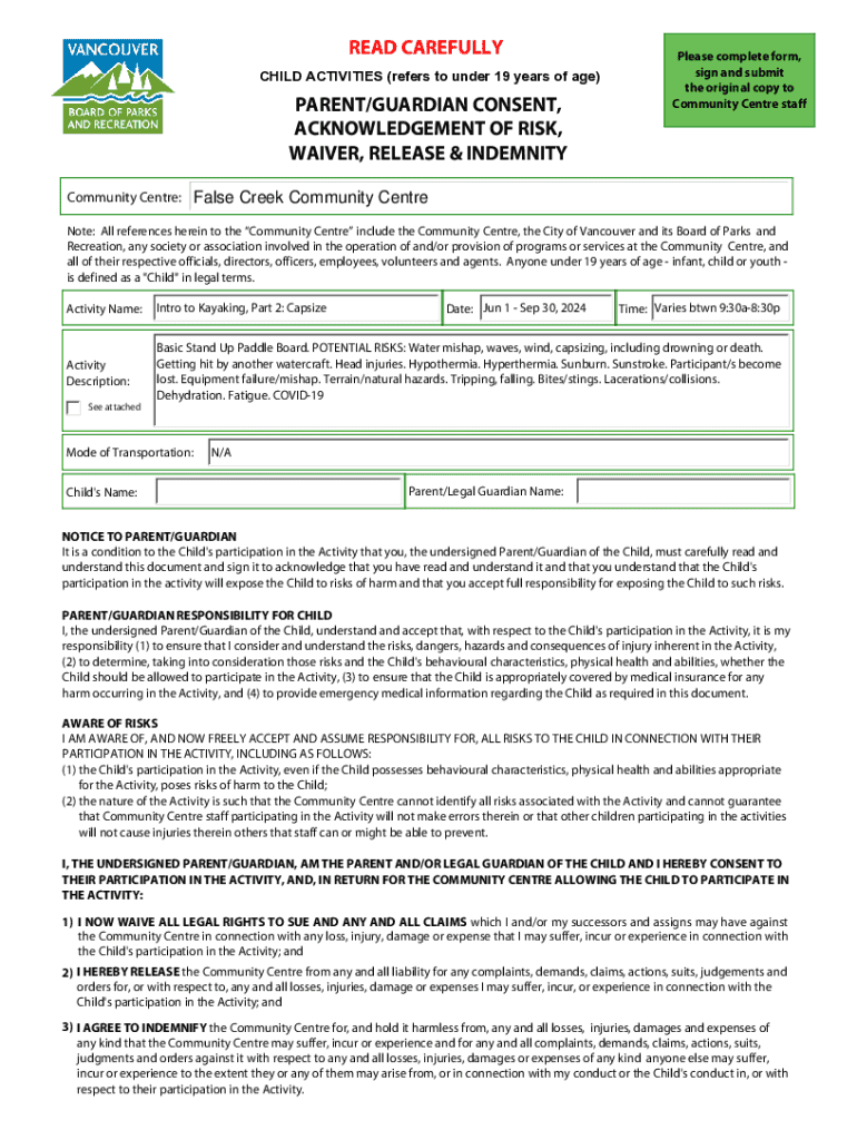 Fillable Online Parent/guardian Consent for Child Activities - 2024 Fax ...