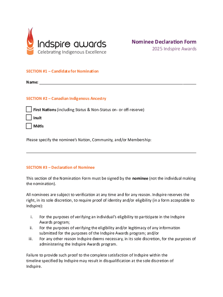 Fillable Online Nominee Declaration Form - 2025 Indspire Awards Fax Email Print - pdfFiller