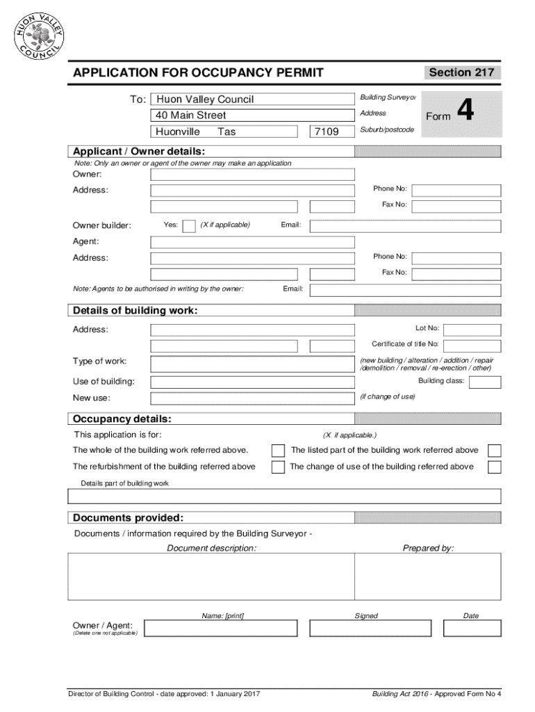 Fillable Online Application for Occupancy Permit - Huon Valley Council ...