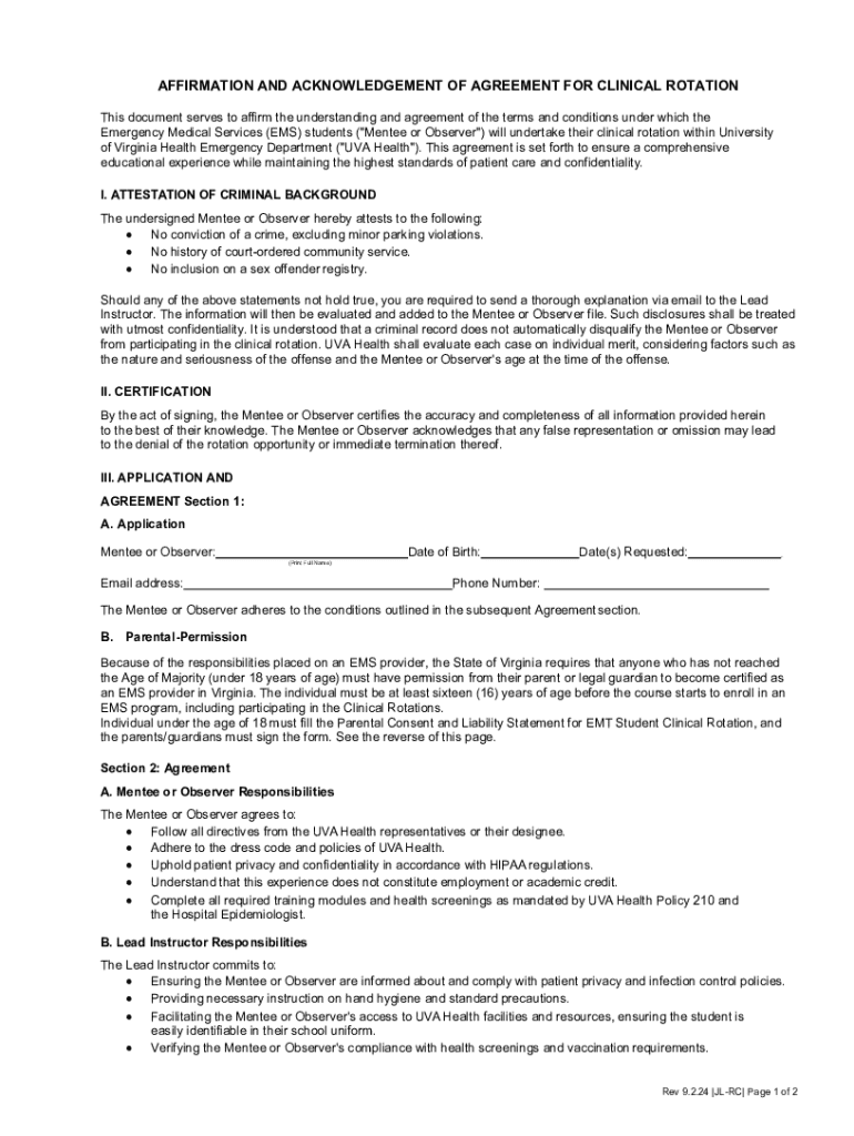 Fillable Online Clinical Rotation Agreement for Ems Students at Uva ...