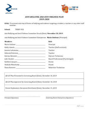 Fillable Online 2019-2020 Anti-bullying and Anti-violence Plan for ...