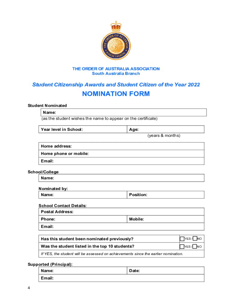 Fillable Online 2022 Student Citizenship Awards Nomination - Order of ...
