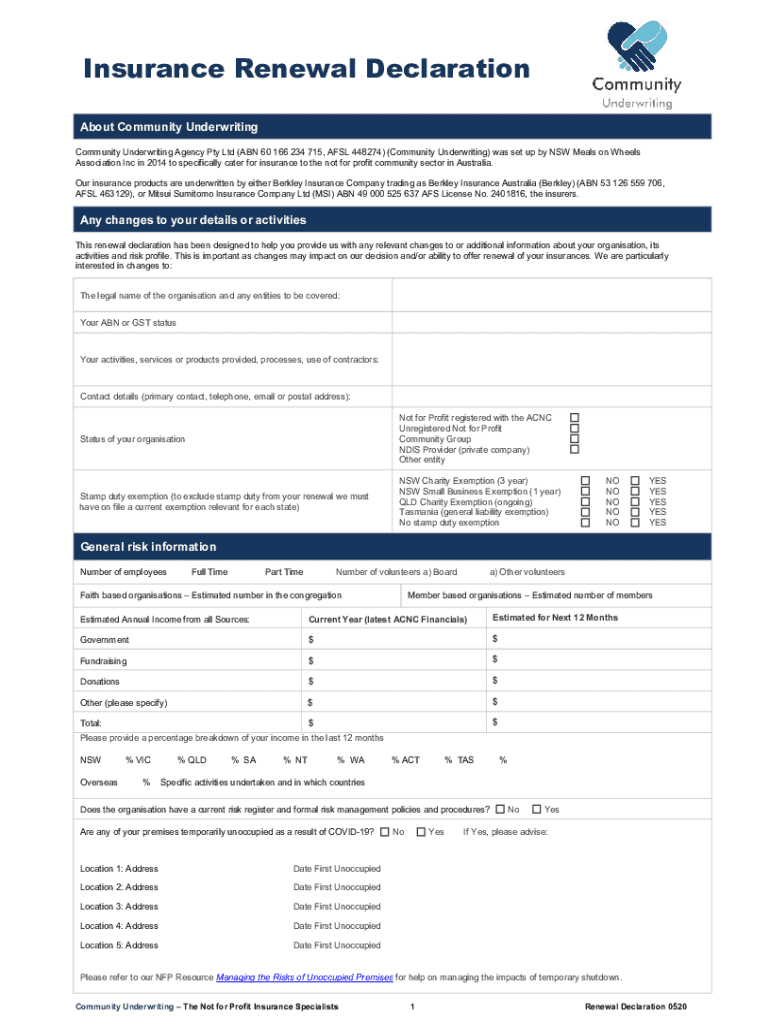 Fillable Online 2023 Insurance Renewal Declaration for Not-for-profit ...