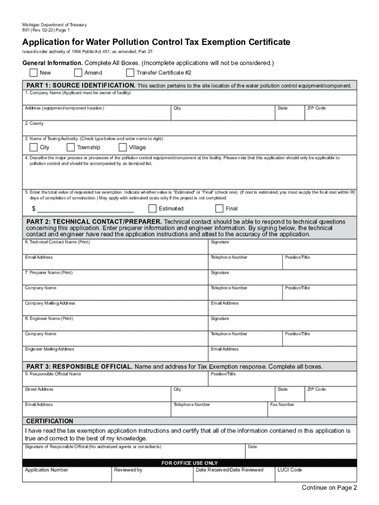 Fillable Online 891, Application for Water Pollution Control Tax Exemption Certificate. 891 ...