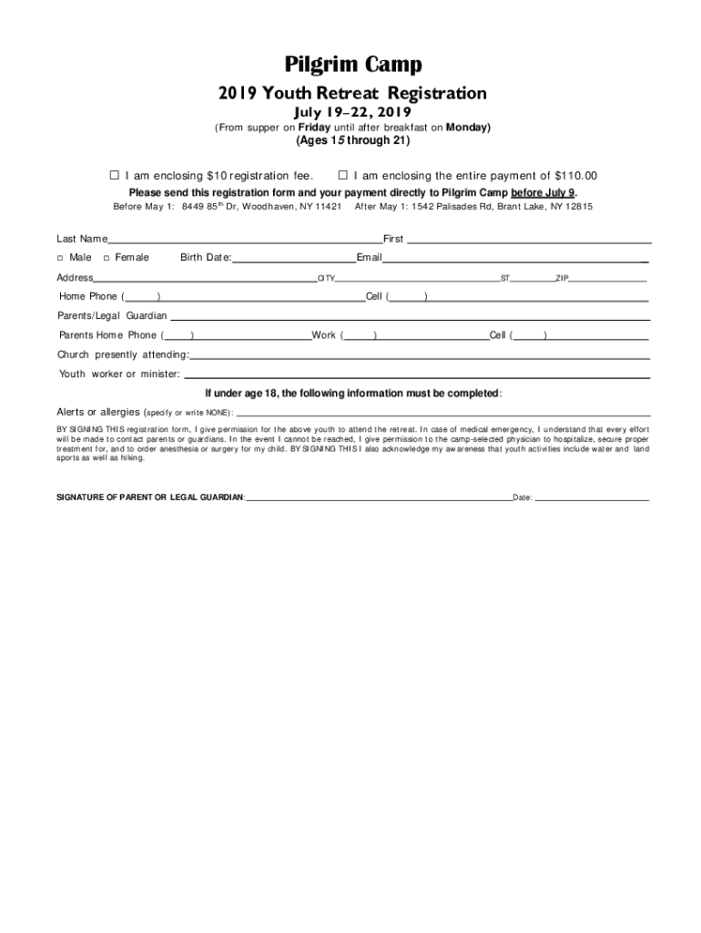 Fillable Online 2019 Pilgrim Camp Youth Retreat Registration - July 19–22 Fax Email Print ...