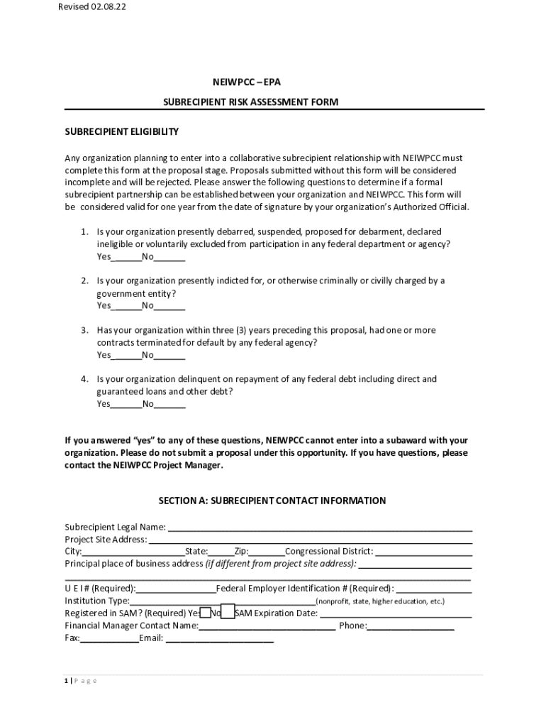Fillable Online Subrecipient Risk Assessment Form 2022 - Neiwpcc Epa ...