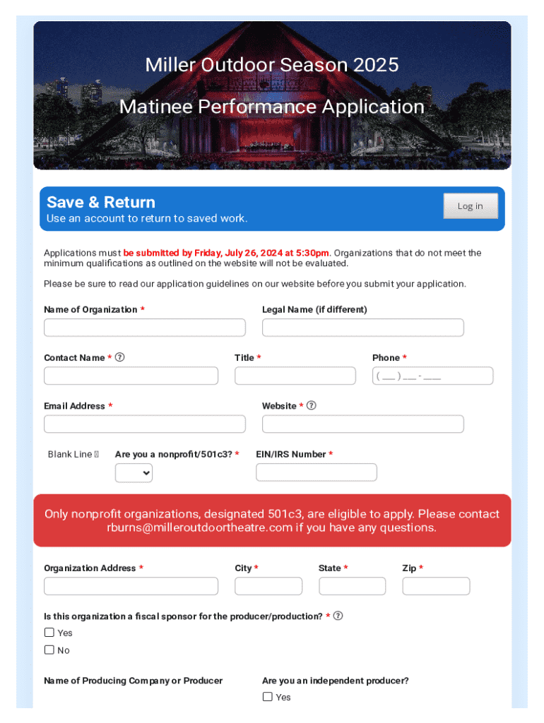 Fillable Online Miller Outdoor Theatre Matinee Performance Application 2025 Fax Email Print ...