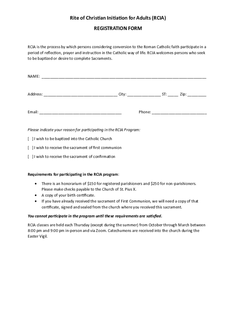 Fillable Online Rite of Christian Initiation for Adults (rcia) Registration 2023 Fax Email Print ...
