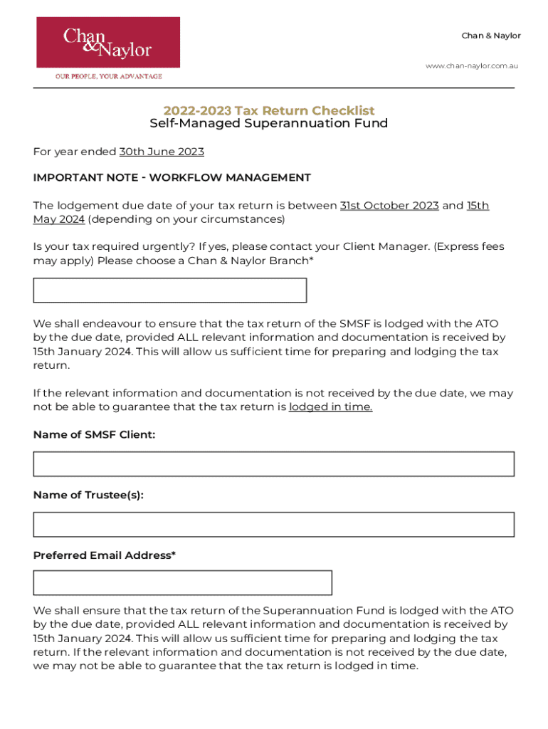 Fillable Online 2022-2023 Tax Return Checklist for Self-managed ...