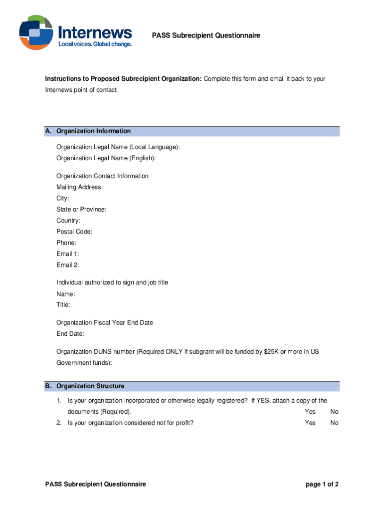 Fillable Online 2023 Pass Subrecipient Questionnaire for Grant Funding ...