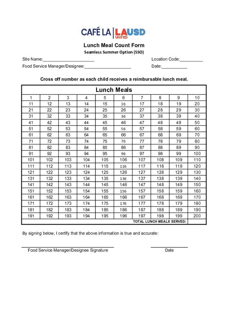 Fillable Online Lunch Meal Count Form - Seamless Summer Option Sso 2023 ...