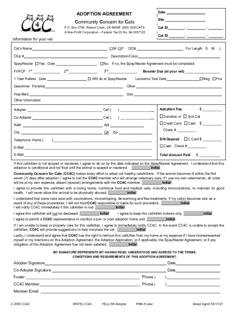 Fillable Online Adoption Agreement for Cats - Community Concern for ...