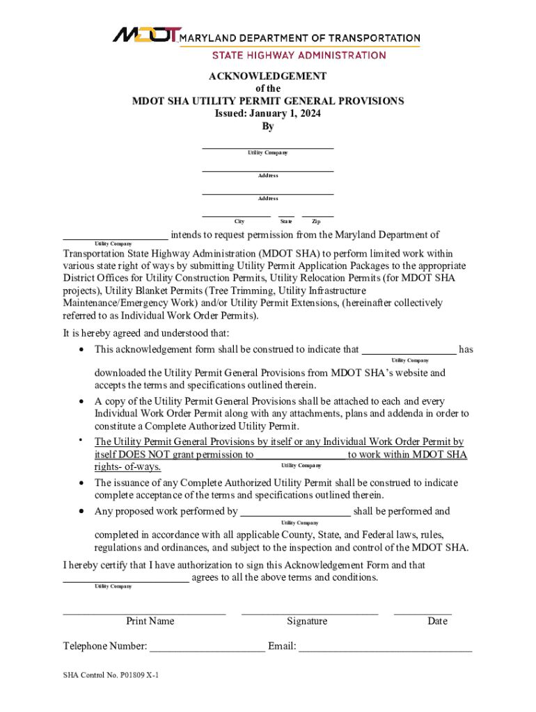 Fillable Online Mdot Sha Utility Permit Acknowledgement - 2024 Fax ...
