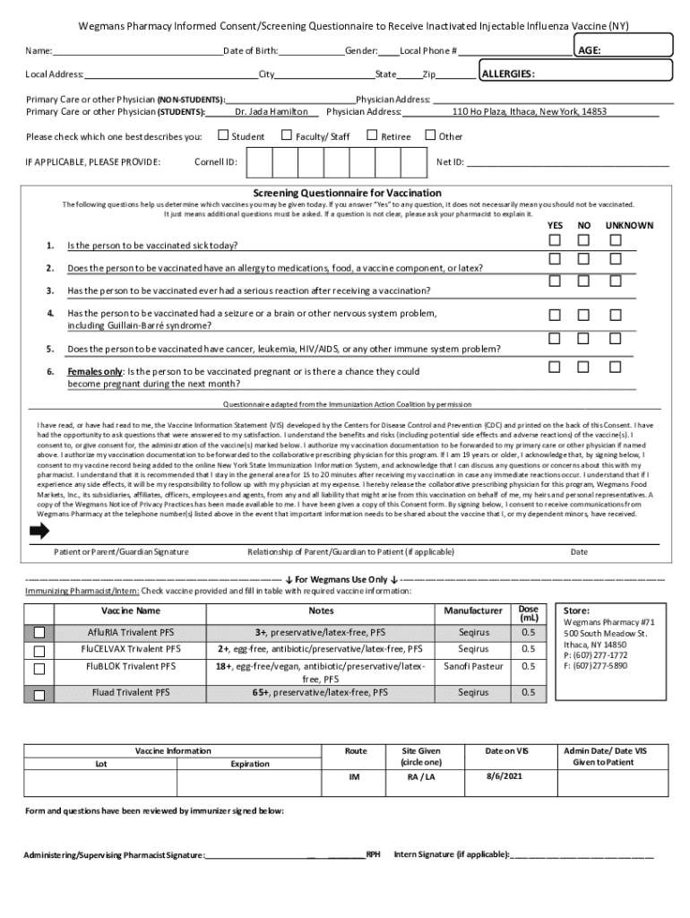 Fillable Online Wegmans Pharmacy Informed Consent/Screening ...
