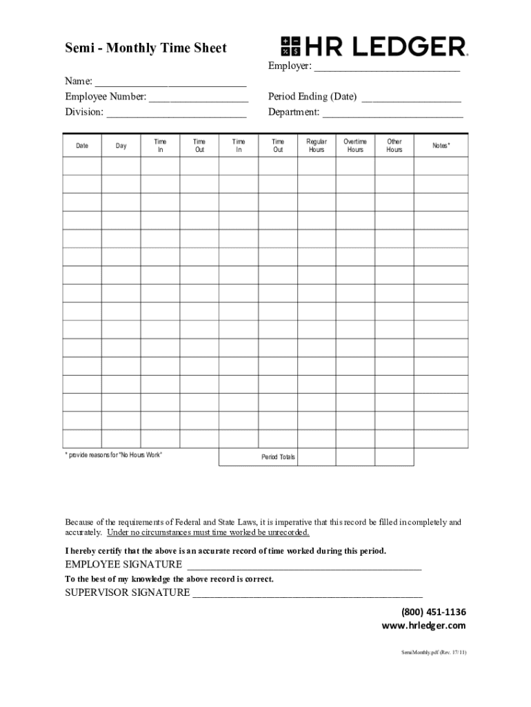 Fillable Online Semi Monthly Free Timesheet Template Fax Email Print - pdfFiller