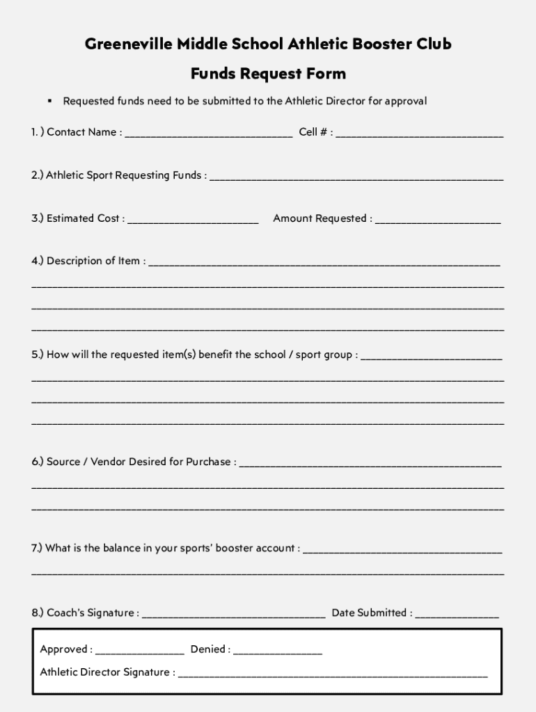 Fillable Online Greeneville Middle School Athletic Booster Club Funds Request Form Fax Email ...
