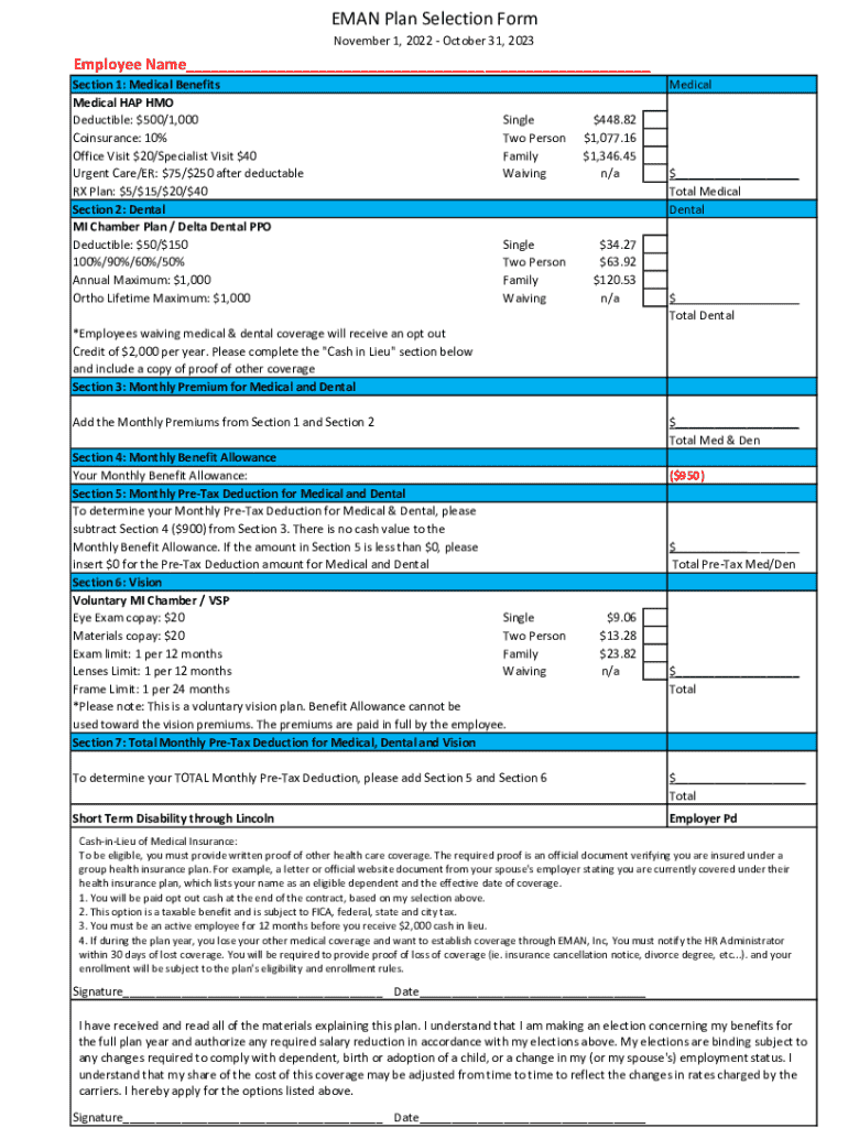 Fillable Online Eman Plan Selection Form 2022-2023: Medical, Dental, Vision Benefits Fax Email ...