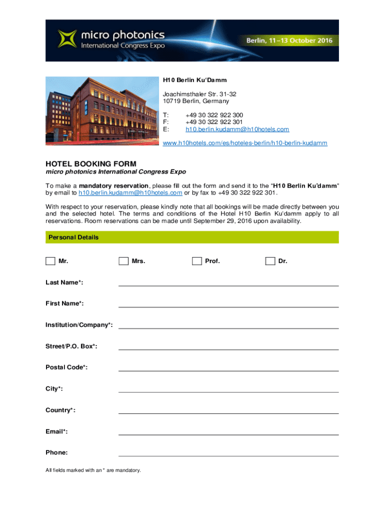 Fillable Online H10 Berlin Ku'damm Hotel Booking Form 2016 Fax Email ...