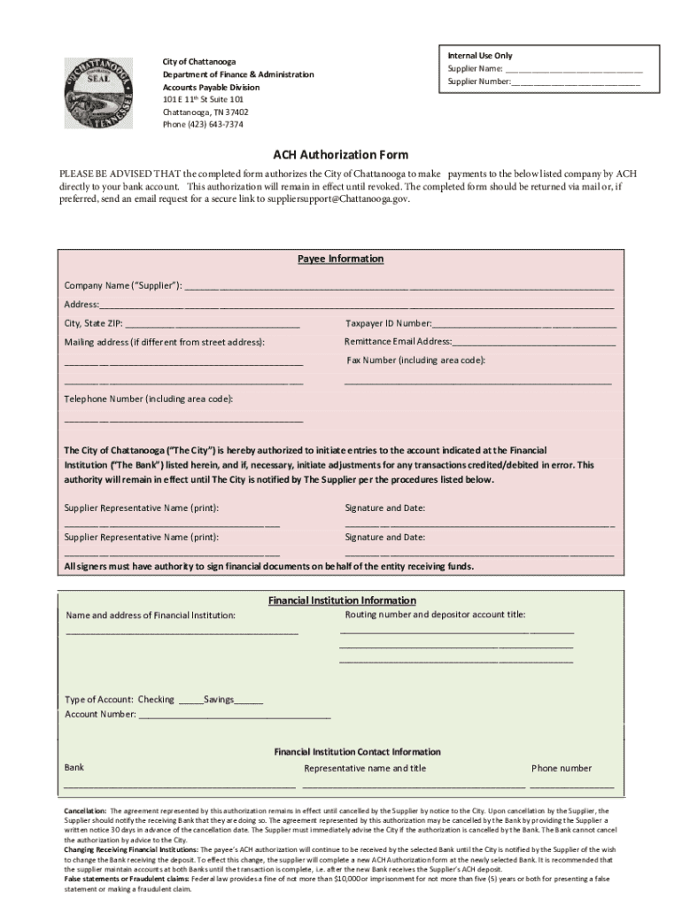 Fillable Online City of Chattanooga Ach Authorization Form 2023 Fax ...
