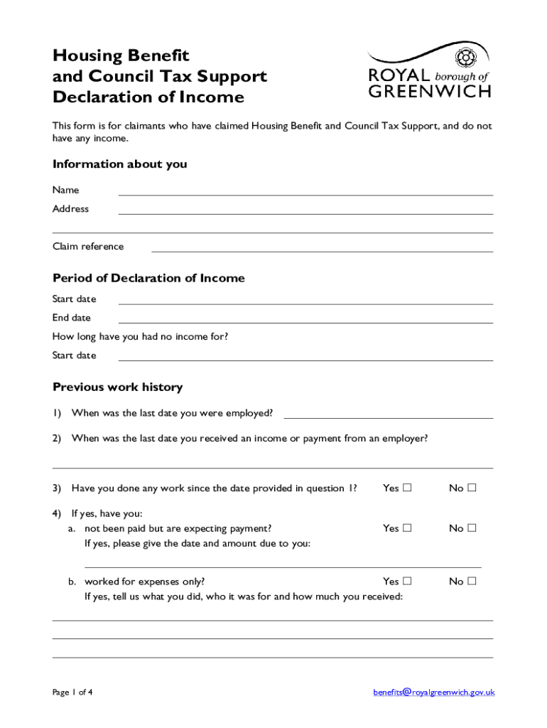 Fillable Online Housing Benefit and Council Tax Support Declaration ...