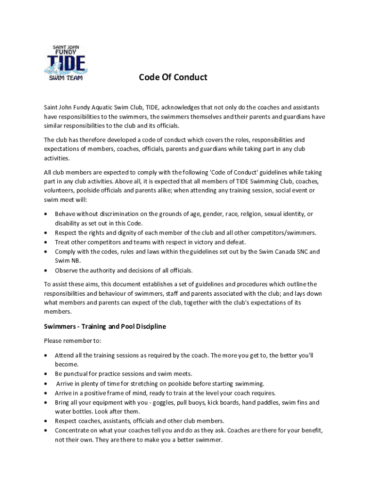 Fillable Online TIDE Swim Team Code of Conduct Purpose The purpose of ...