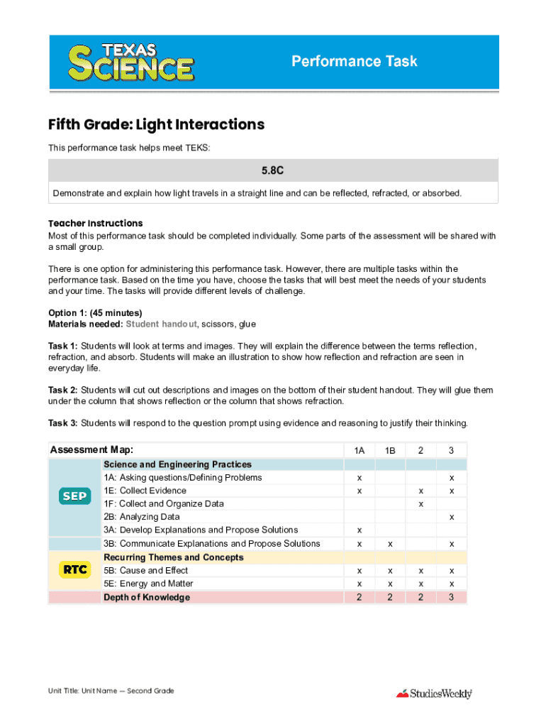 Fillable Online Fifth Grade Performance Task on Light Interactions ...