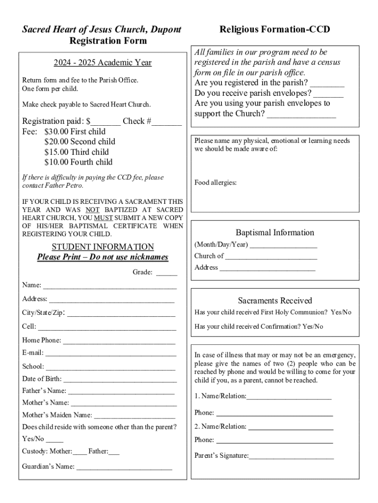 Fillable Online Sacred Heart Church Registration Form 2024-2025 ...
