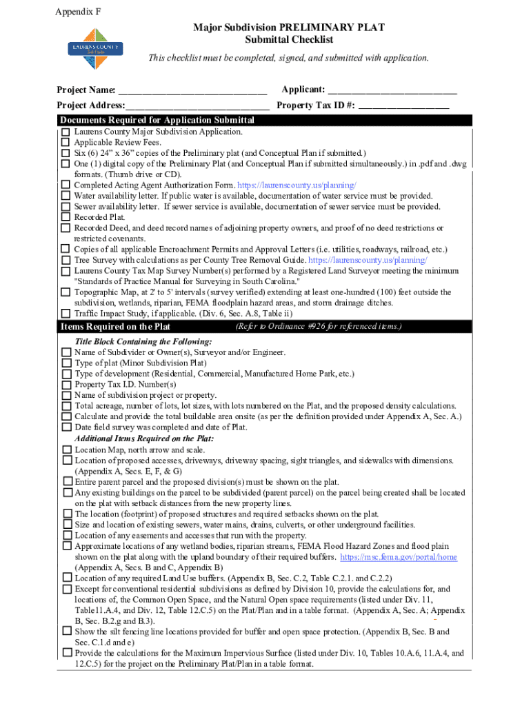 Fillable Online Major Subdivision PRELIMINARY PLAT Submittal Checklist ...