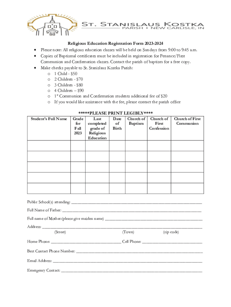 Fillable Online 2023-2024 Religious Education Registration for ...