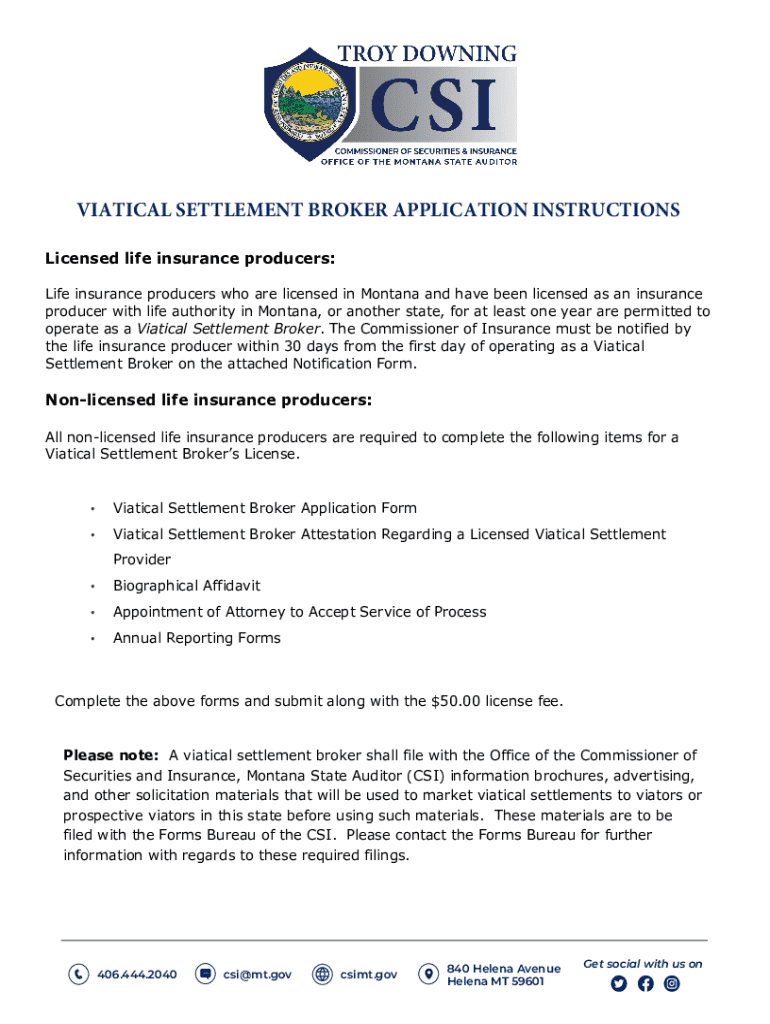 Fillable Online Viatical Settlement Broker Application Instructions 2023 Fax Email Print - pdfFiller