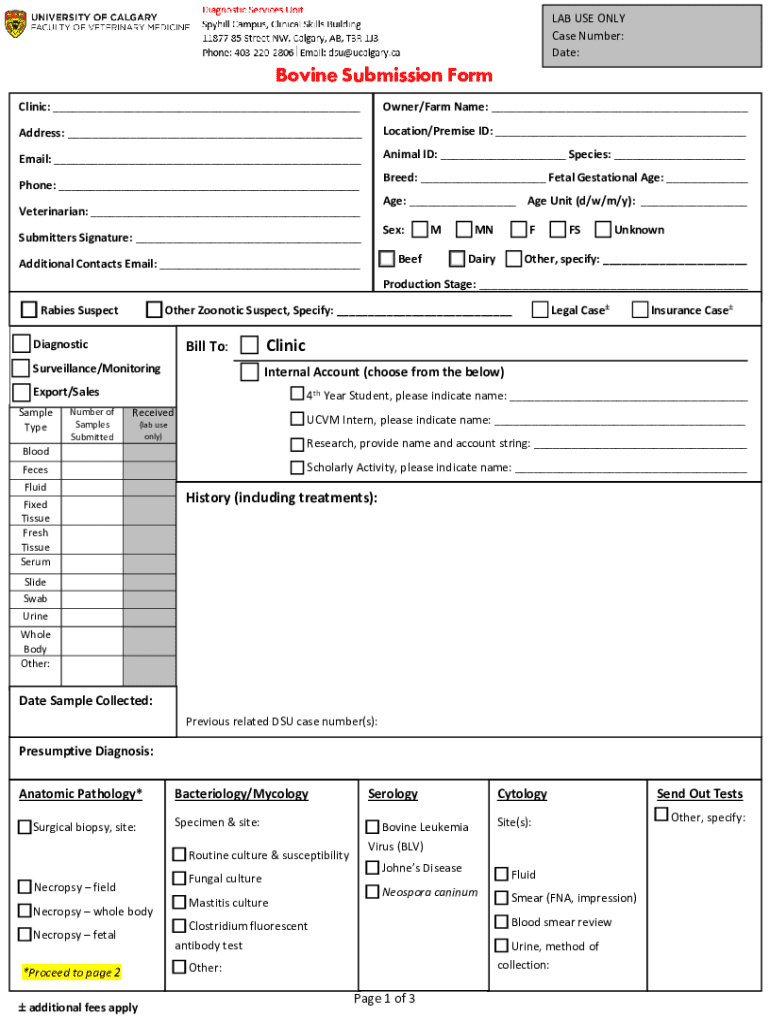 Fillable Online Bovine Submission Form for Veterinary Diagnostics and ...