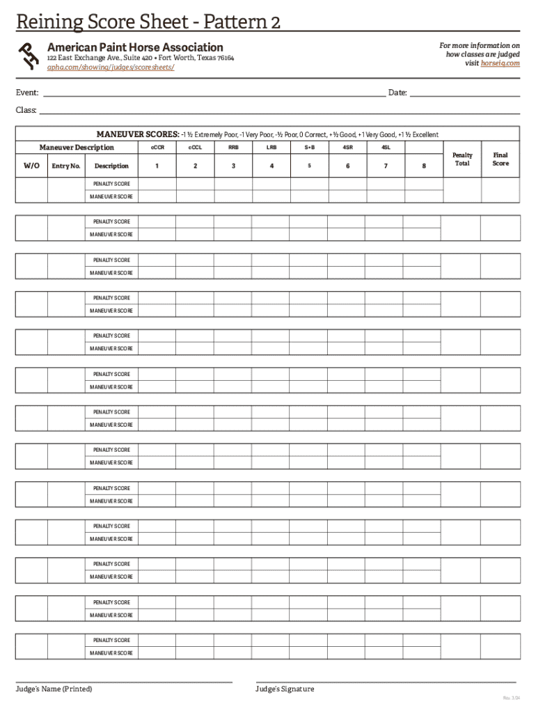 Fillable Online Reining Score Sheet Pattern 2 Overview - American Paint ...