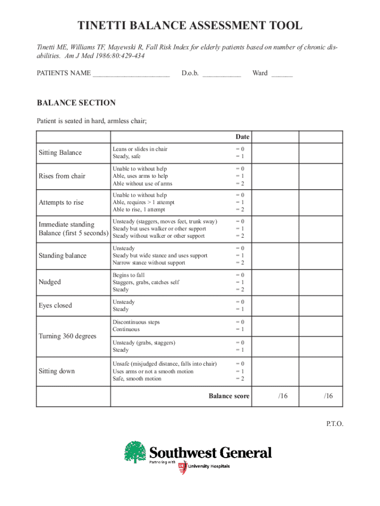 Fillable Online Tinetti Balance Assessment Tool 1986 – Risk Assessment ...