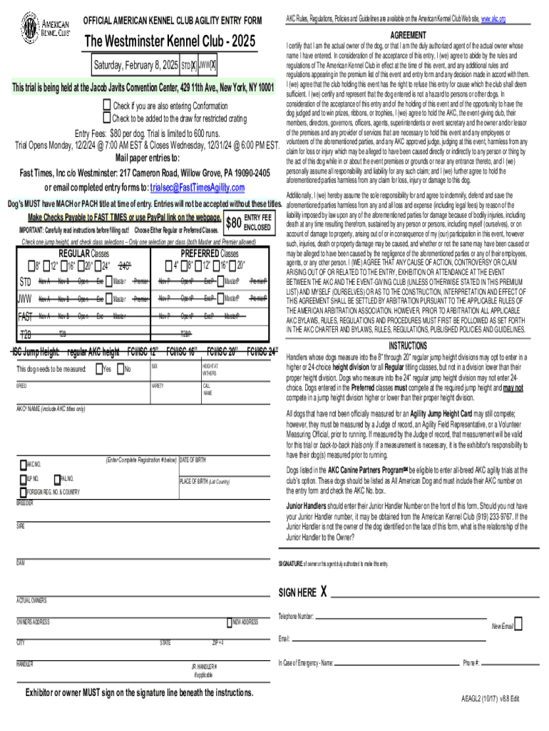 Fillable Online 2025 Akc Agility Entry Form for Westminster Kennel Club ...