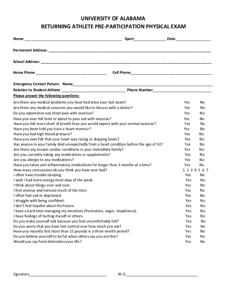 Fillable Online University of Alabama Returning Athlete Physical Exam ...