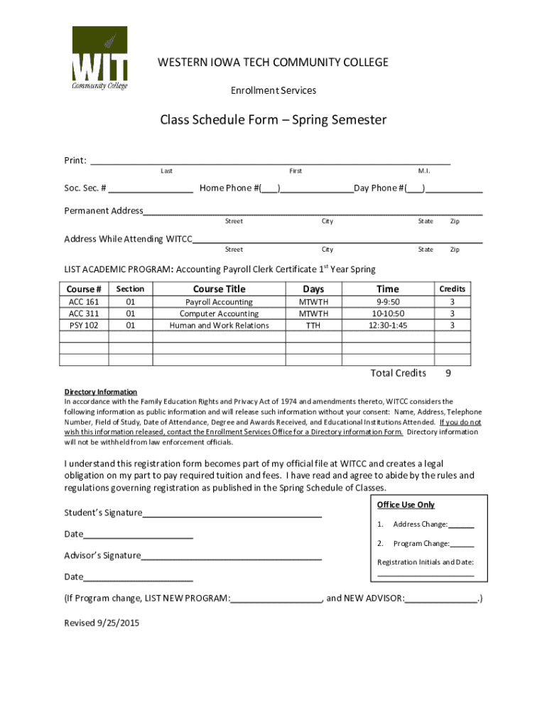 Fillable Online Spring Semester Class Schedule Form 2015 - Witcc Fax ...