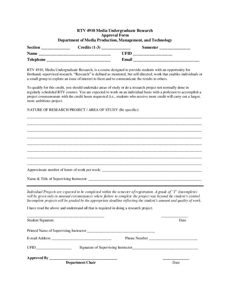 Fillable Online RTV 4910 Media Undergraduate Research Approval Form ...