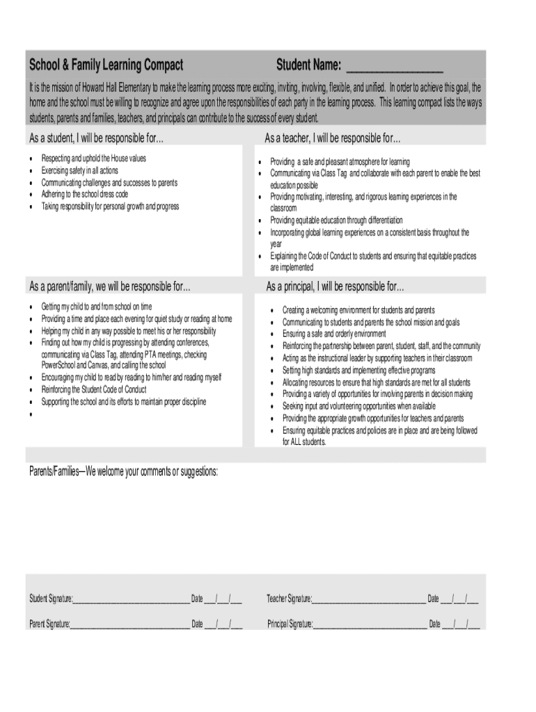 Fillable Online Howard Hall Elementary School & Family Learning Compact ...
