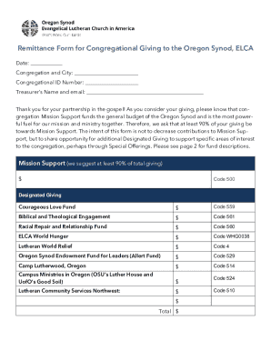 Fillable Online Oregon Synod Elca Remittance Form for Congregational ...