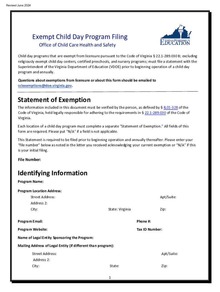 Fillable Online Exempt Child Day Program Filing Fax Email Print - pdfFiller