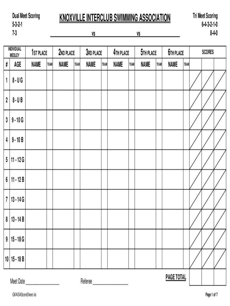 Fillable Online Dual Meet Score Sheet SCORING Events Fax Email Print ...