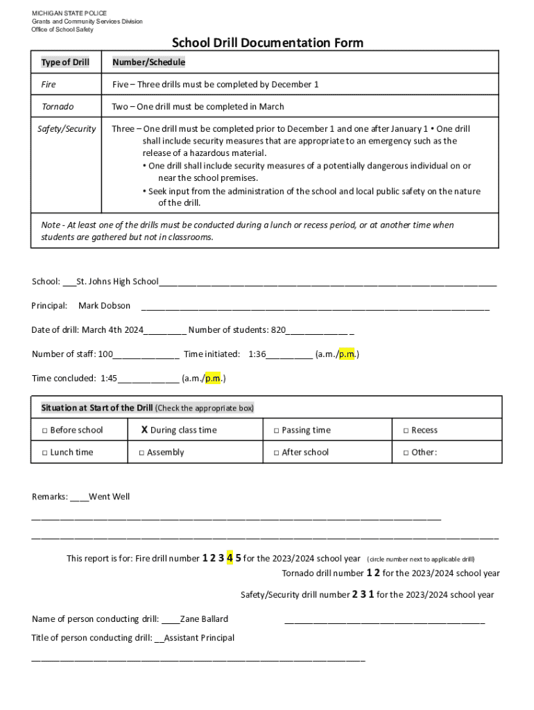 Fillable Online Michigan School Drill Documentation 2024 - Fire, Tornado, Safety Drills Fax ...