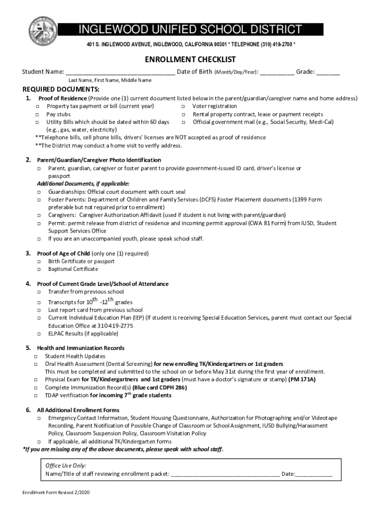 Fillable Online Enrollment Checklist and Student Enrollment Form 2020 - Inglewood Unified School ...