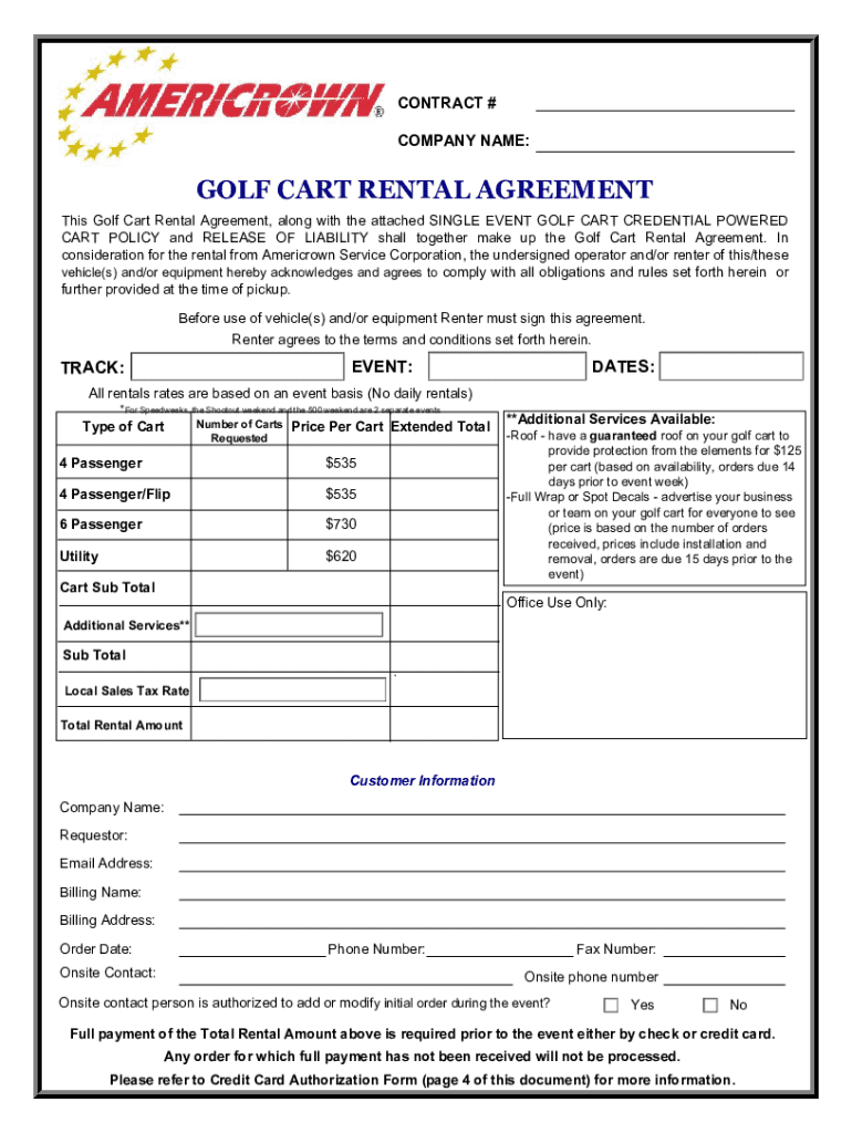 Fillable Online 2023 Golf Cart Rental Agreement for Speedweeks Events ...
