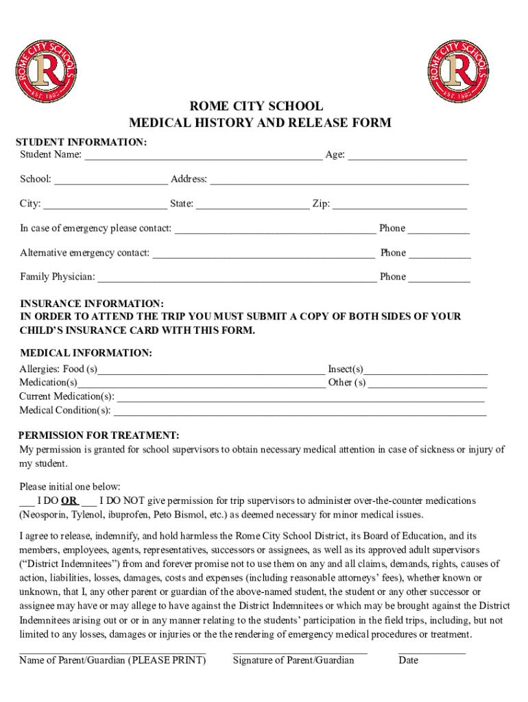Fillable Online RCS Medical History and Release Form Fax Email Print ...