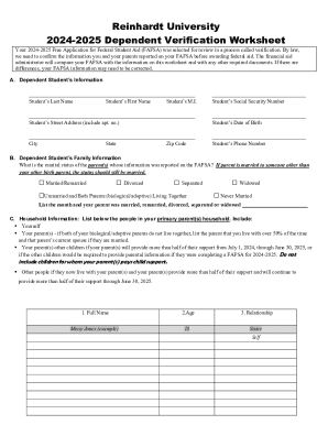 Fillable Online 2024-2025 Dependent Verification Worksheet - Reinhardt University Fax Email ...